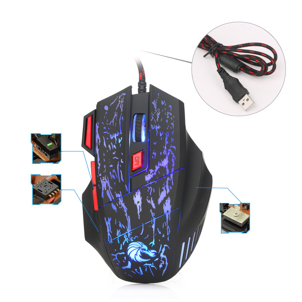 Colorful glowing gaming mouse with water crack